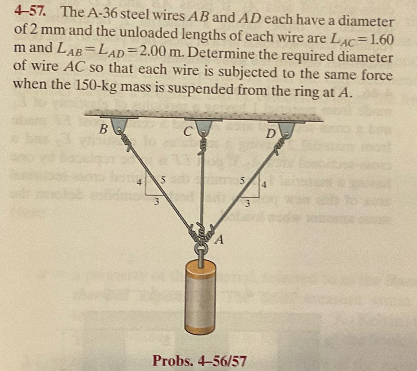 Solved 4-57. ﻿The A-36 ﻿steel wires AB ﻿and AD ﻿each have a | Chegg.com