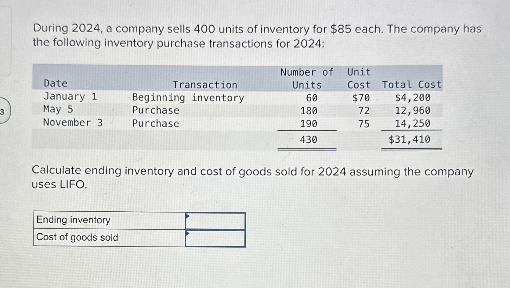 Solved During 2024, ﻿a company sells 400 ﻿units of inventory | Chegg.com