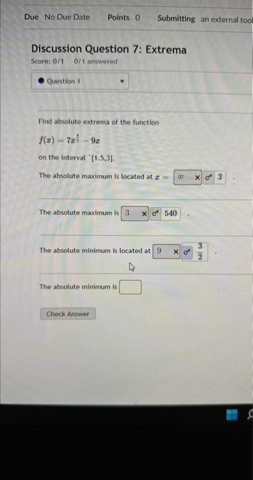 Solved Find absolute extrema of the function f(x)=7x5−9x on | Chegg.com