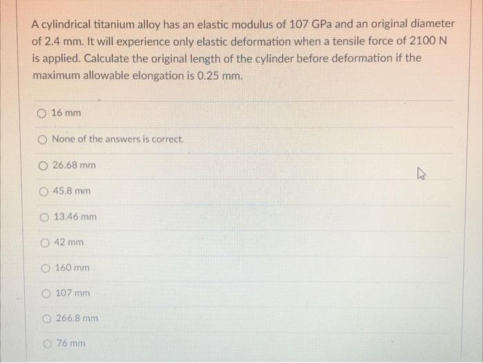 Solved A cylindrical titanium alloy has an elastic modulus | Chegg.com