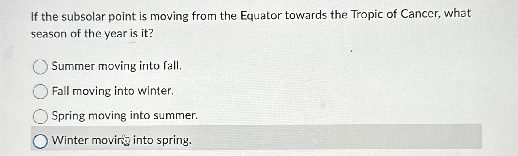 Solved If the subsolar point is moving from the Equator | Chegg.com
