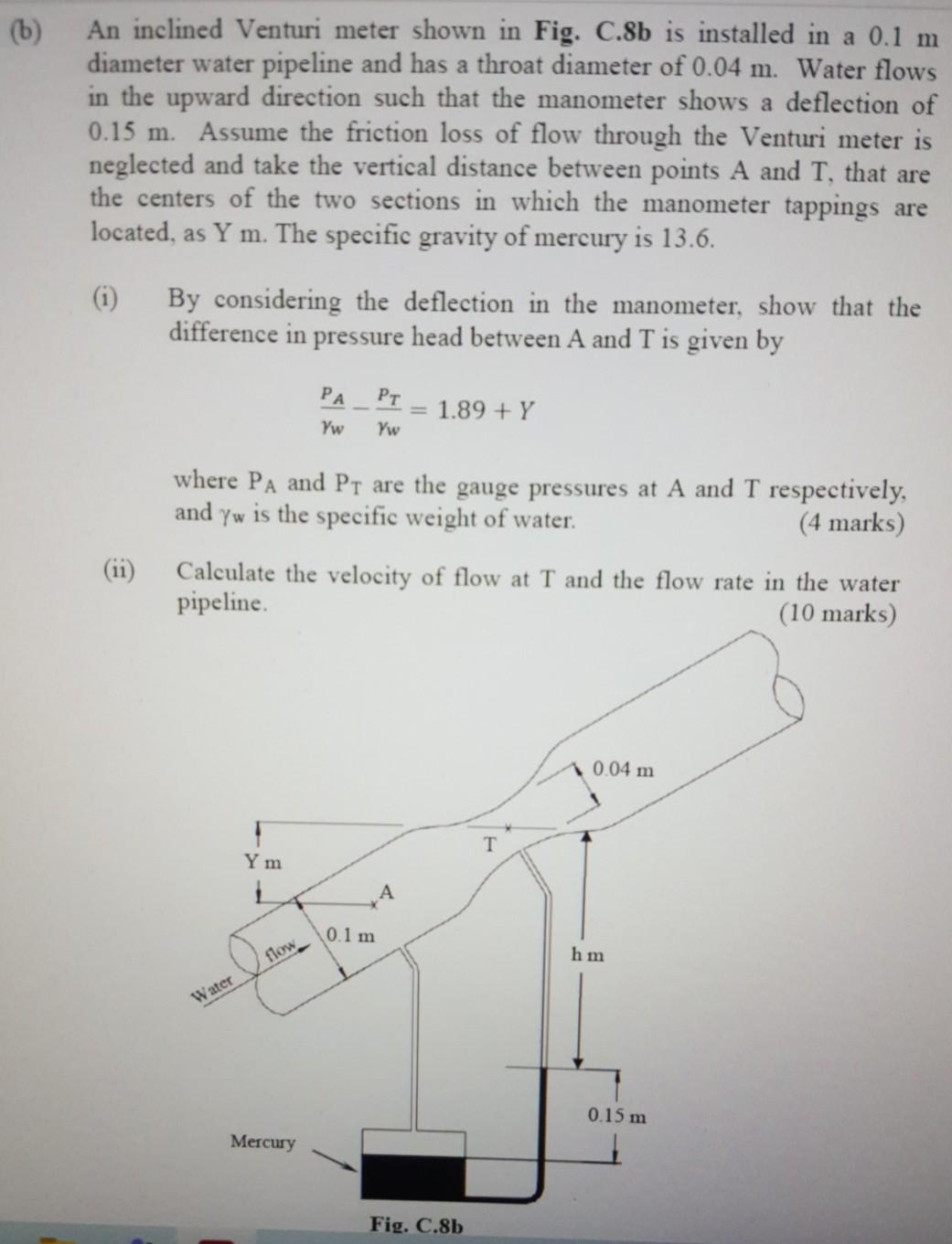 Solved An Inclined Venturi Meter Is Shown In The Figu Vrogue co