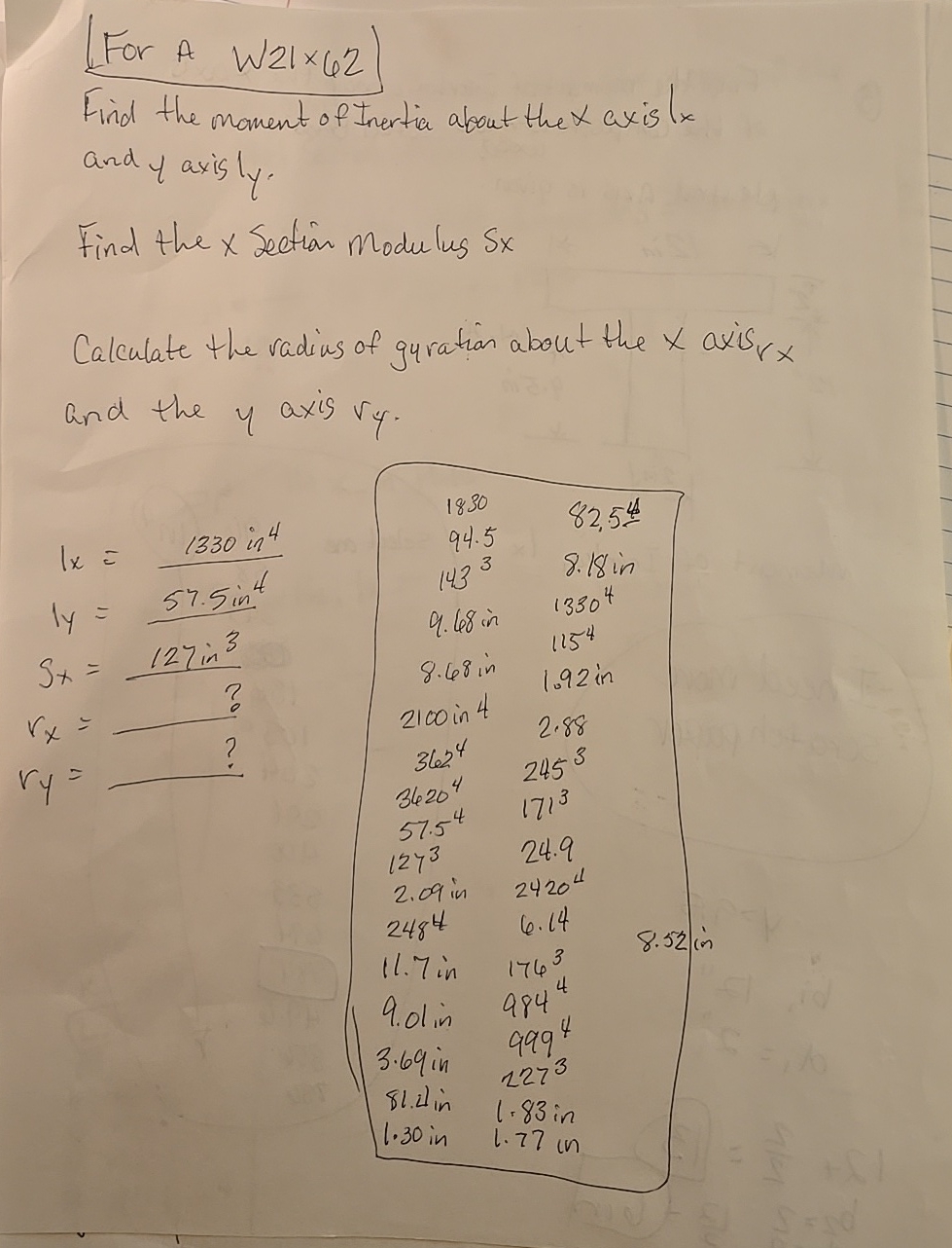 LFor a W21×62Find the moment of Inertia about the x | Chegg.com