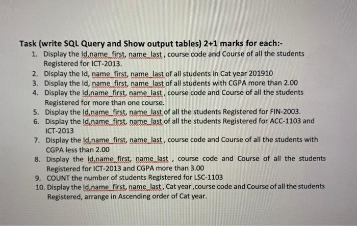 Task (write SQL Query and Show output tables) 2+1 | Chegg.com