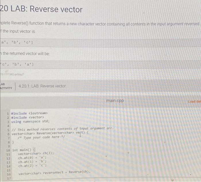 Solved c++ please 20 LAB: Reverse vector plete Reverse() | Chegg.com