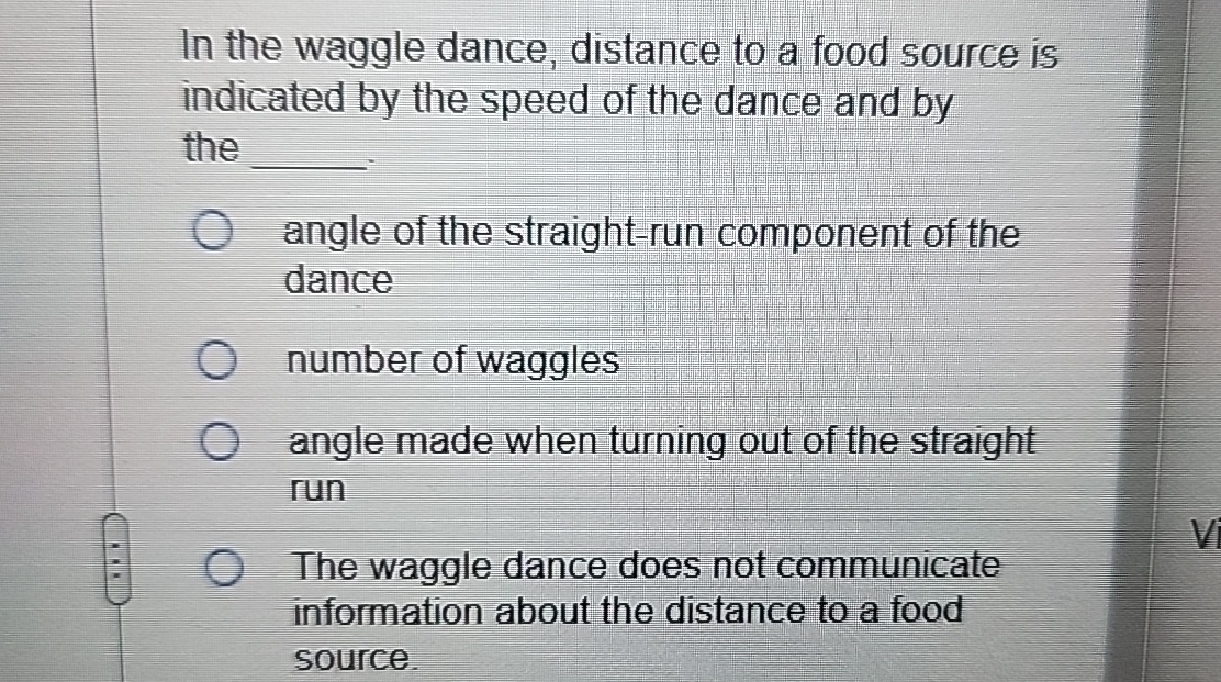 Solved In the waggle dance, distance to a food source is | Chegg.com