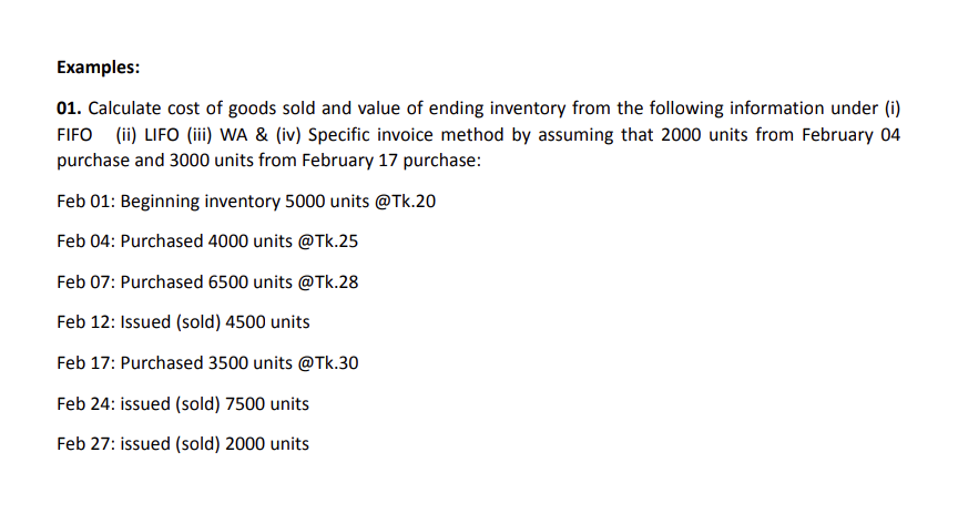 Solved Examples: 01. Calculate cost of goods sold and value | Chegg.com