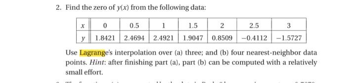 Solved 2. Find the zero of y(x) from the following data: X y | Chegg.com