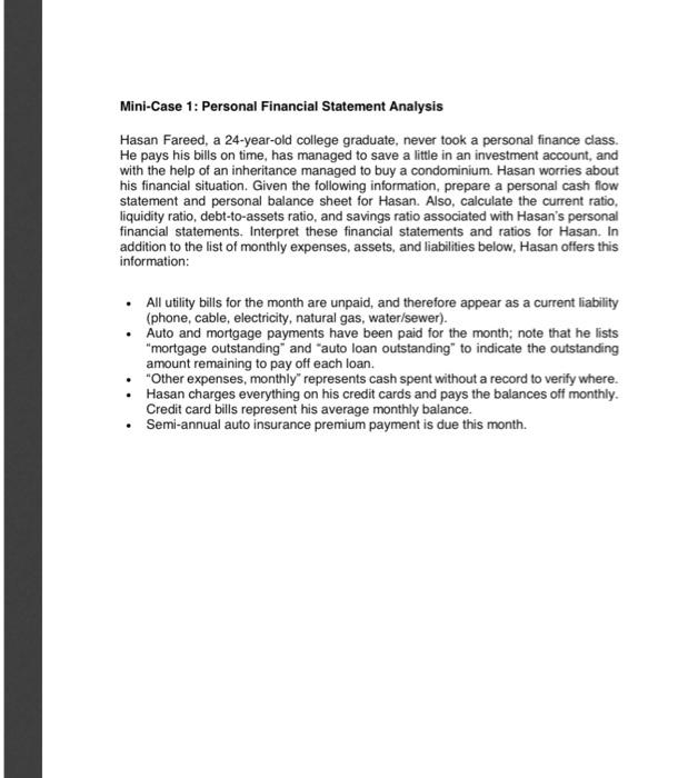 Solved Mini-Case 1: Personal Financial Statement Analysis | Chegg.com