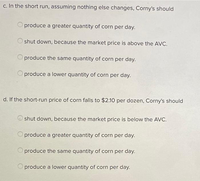 Solved The table below shows the daily costs of Corny's Com | Chegg.com