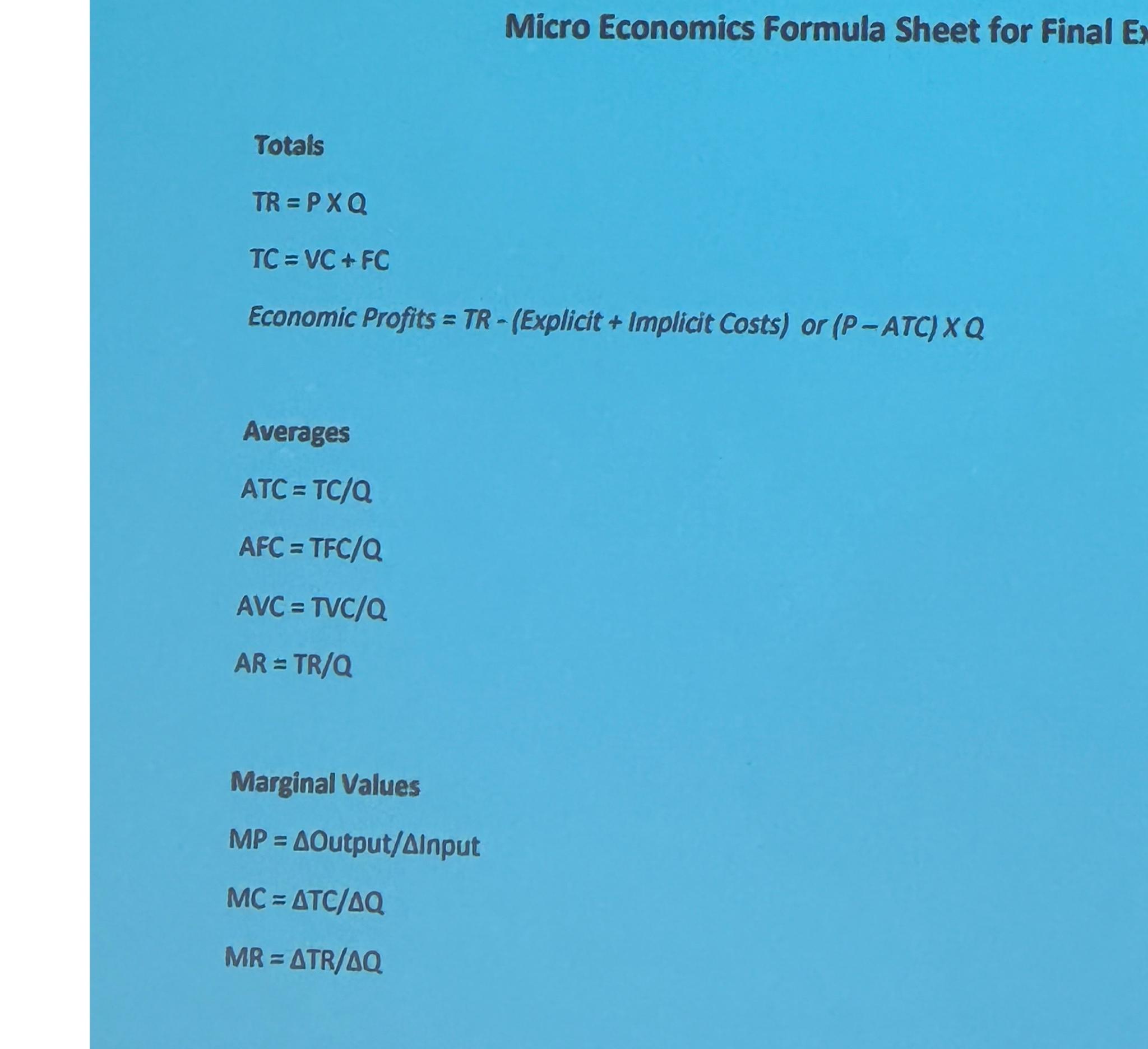 Solved Micro Economics Formula Sheet for Final | Chegg.com