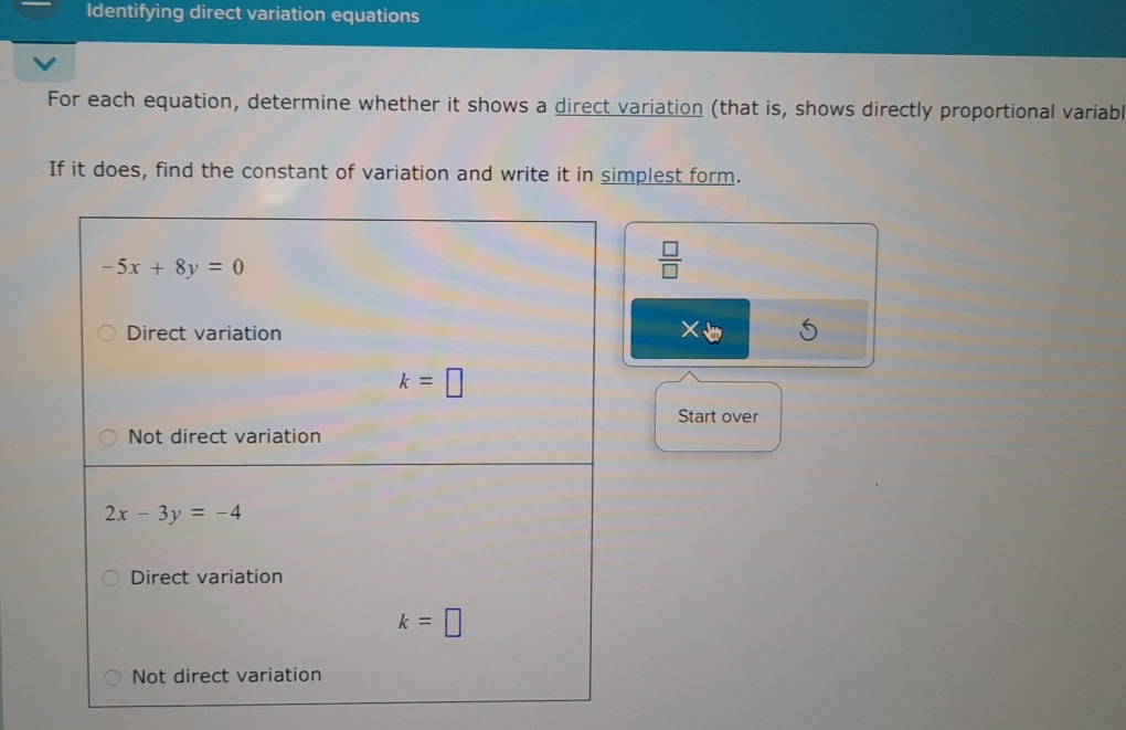 Solved Identifying direct variation equationsFor each | Chegg.com