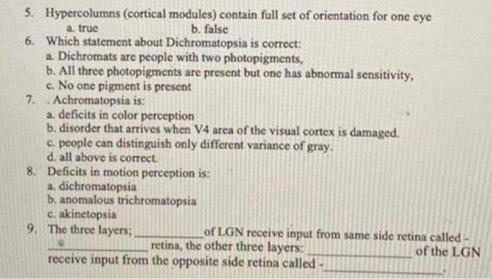 Solved 5. Hypercolumns (cortical modules) contain full set | Chegg.com