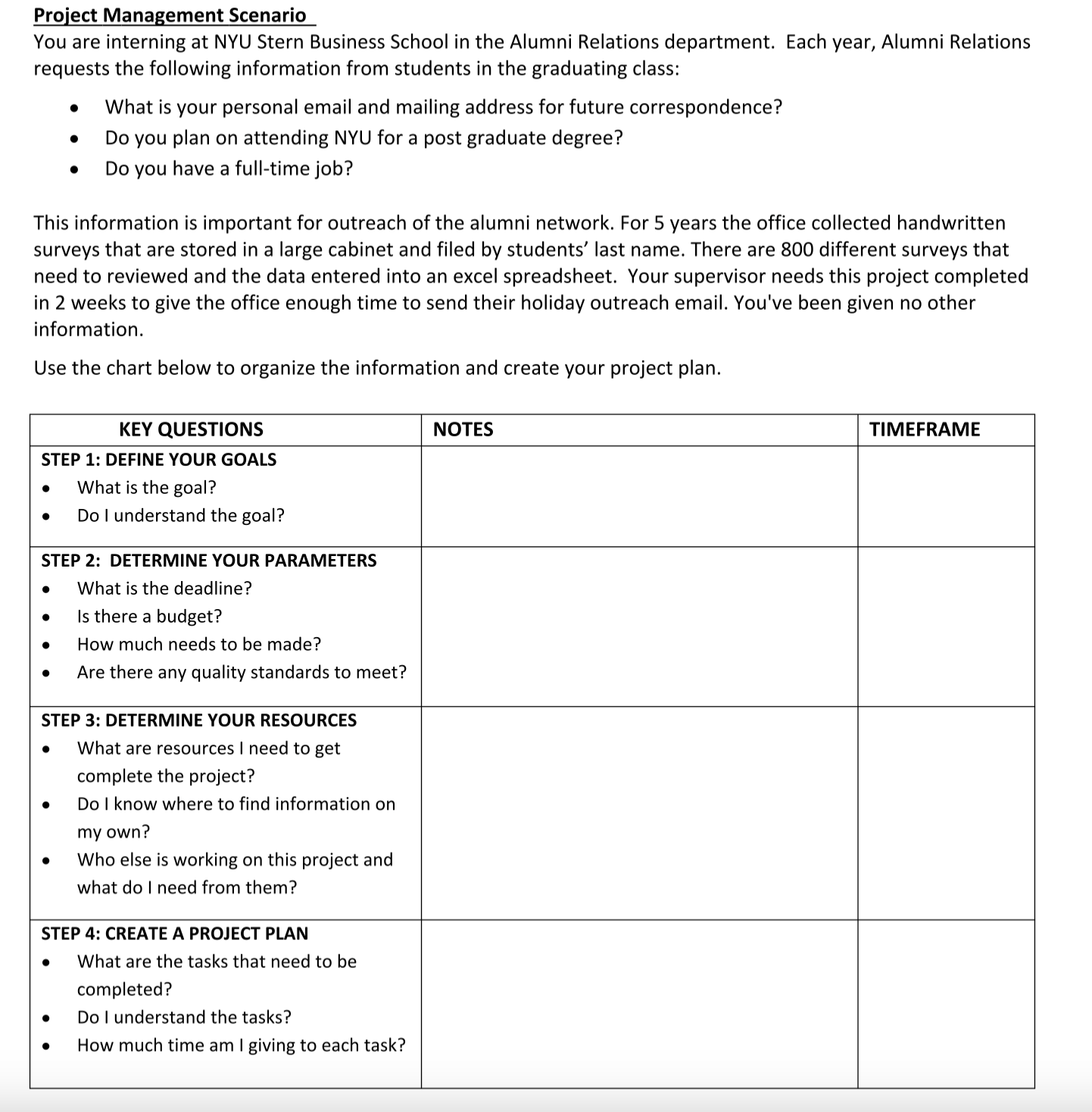 Solved Project Management ScenarioYou are interning at NYU | Chegg.com