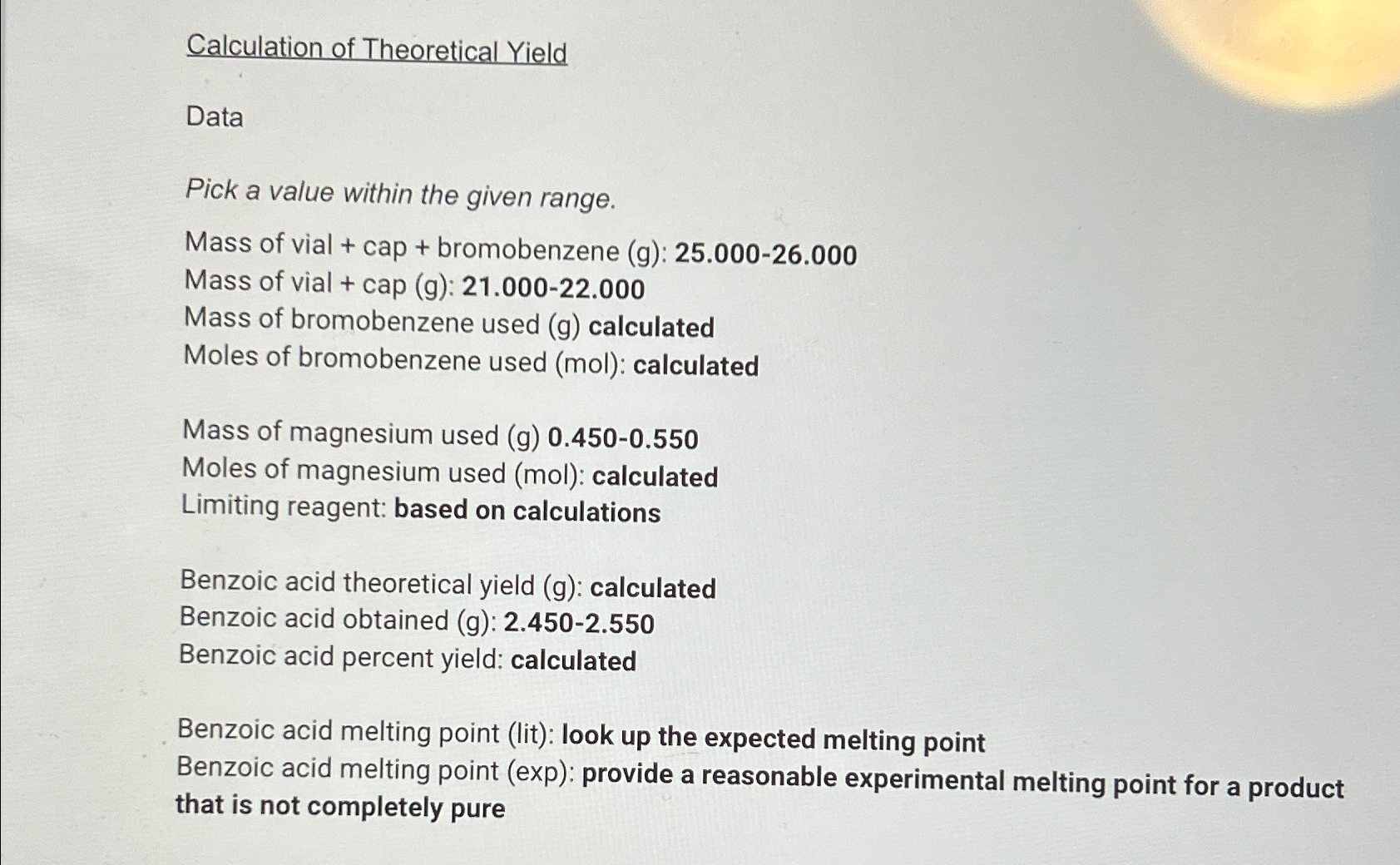 Solved Calculation of Theoretical YieldDataPick a value | Chegg.com