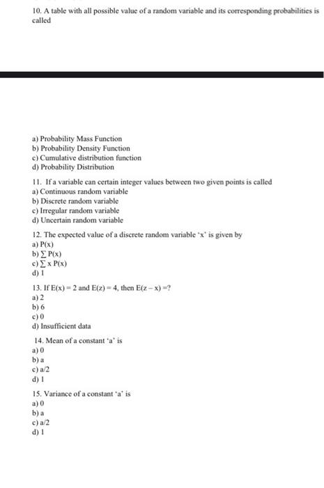 Solved 10. A table with all possible value of a random | Chegg.com