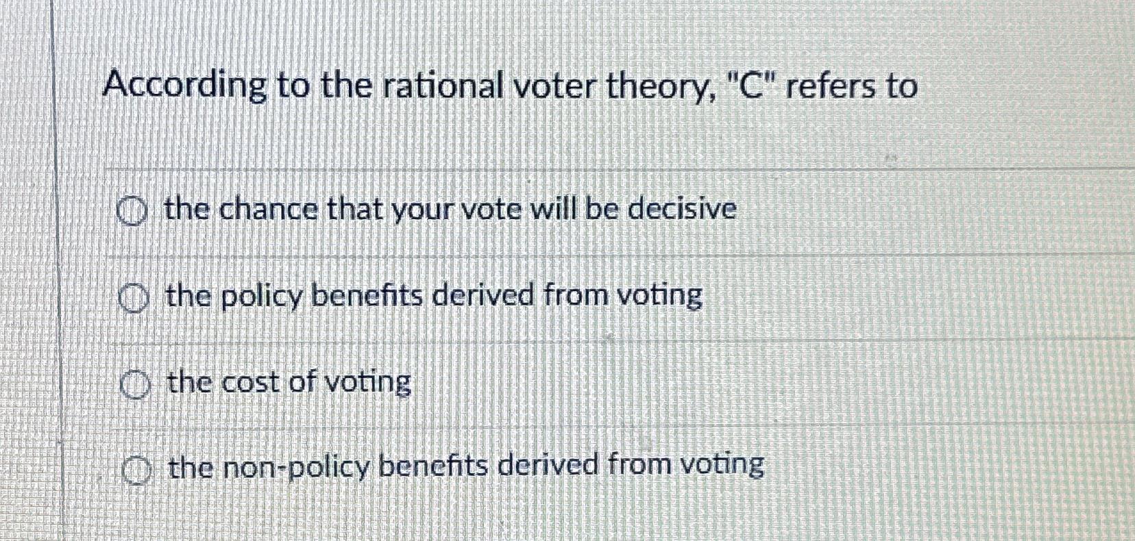 Solved According to the rational voter theory, " C " ﻿refers | Chegg.com