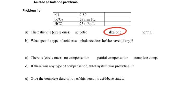 Solved Acid-base balance problems Problem 1: pH 7.52 pCO2 29 | Chegg.com