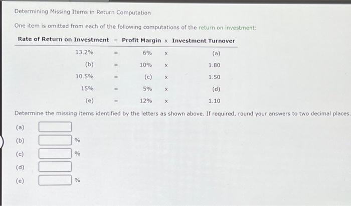 Solved Determining Missing Items in Return Computation One | Chegg.com Solved Determining Missing Items in Return Computation One | Chegg.com