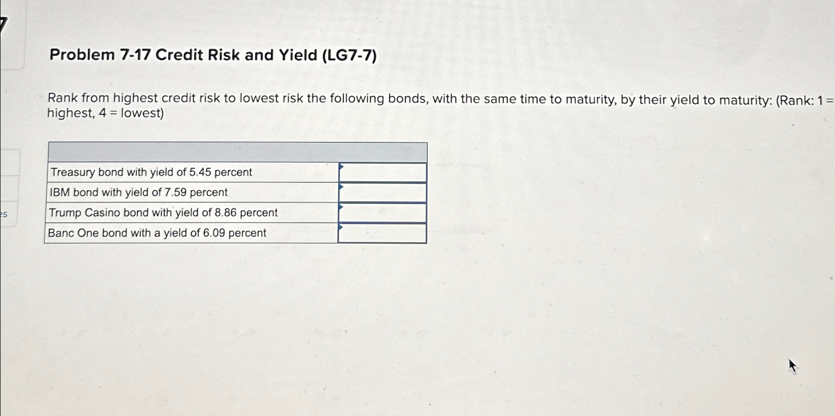 Solved Problem 7-17 ﻿Credit Risk and Yield (LG7-7)Rank from | Chegg.com