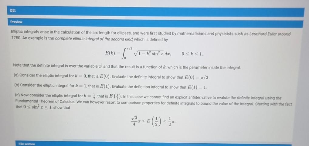 Solved Q2: Preview Elliptic integrals arise in the | Chegg.com