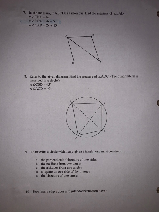 Solved Review of High School Geometry Work the following | Chegg.com
