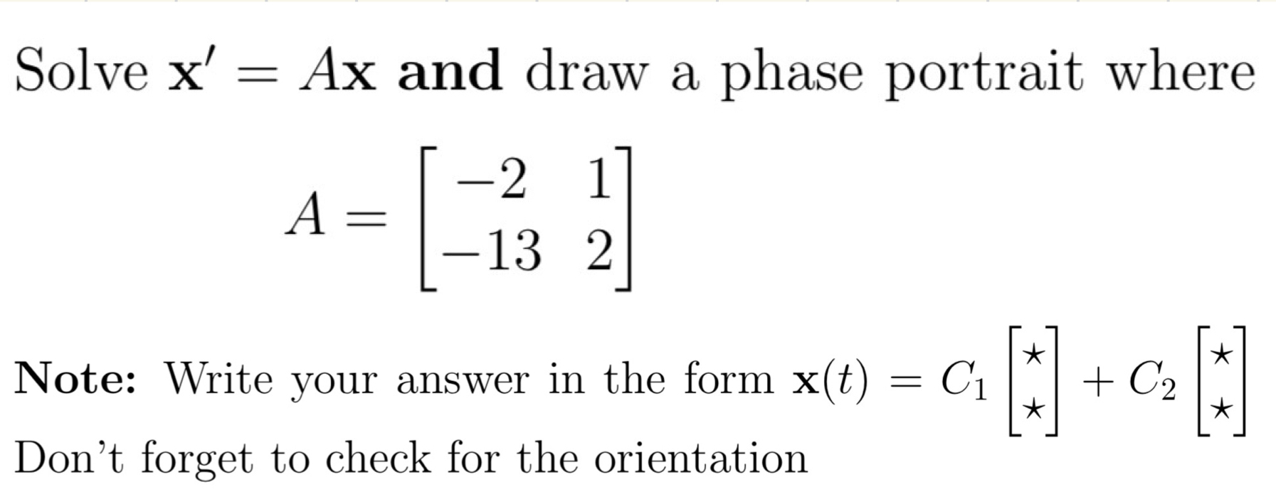 Solved Solve x'=Ax ﻿and draw a phase portrait | Chegg.com