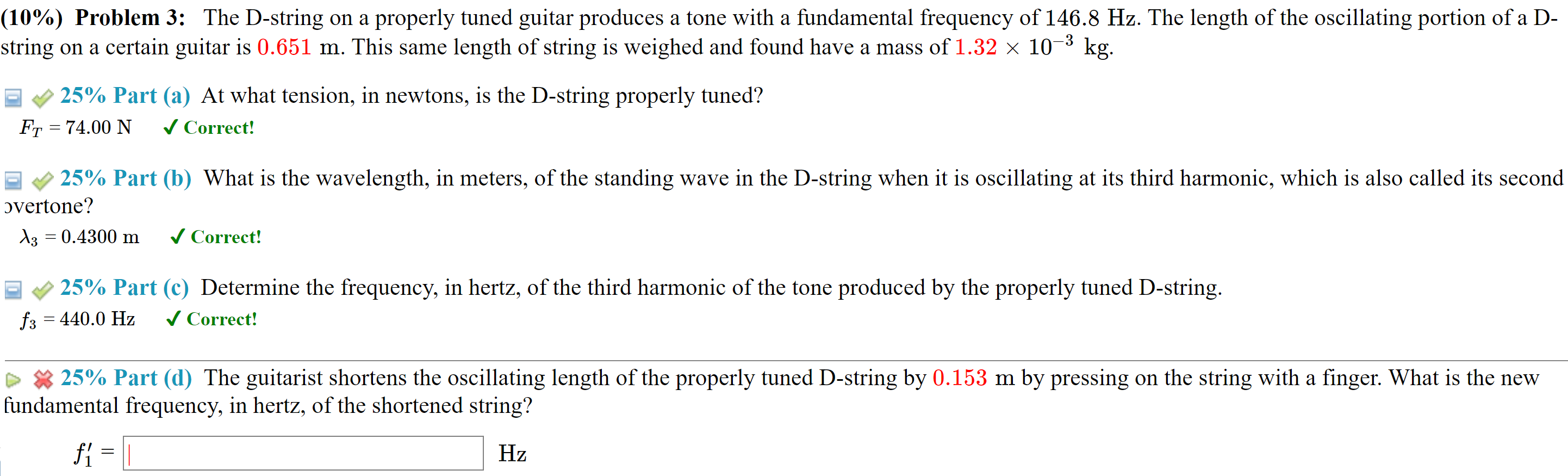 Solved (10%) ﻿Problem 3: The D-string on a properly tuned | Chegg.com