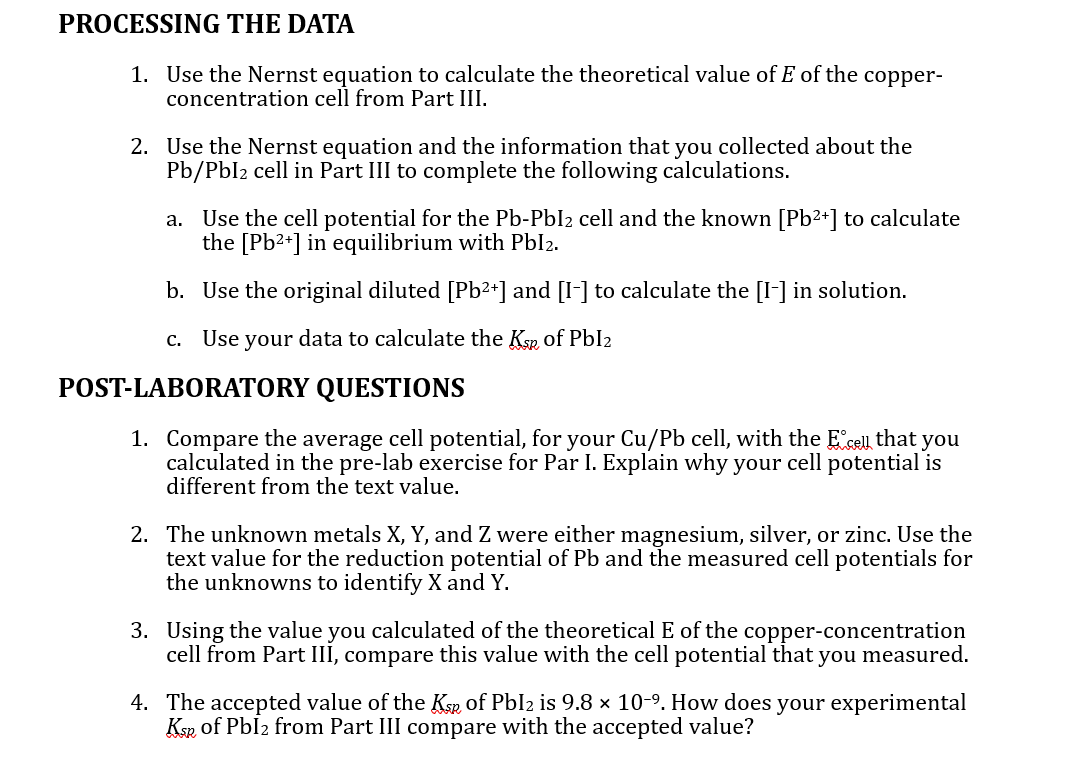 Solved PROCESSING THE DATAUse the Nernst equation to | Chegg.com