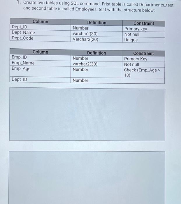 Solved 1. Create two tables using SQL command. Frist table | Chegg.com