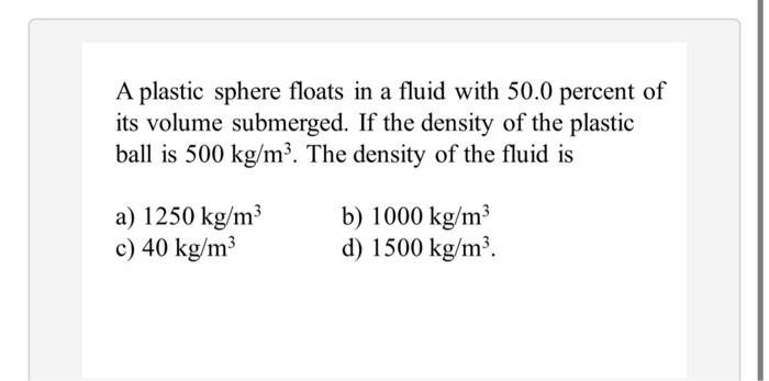 Solved A plastic sphere floats in a fluid with 50.0 percent | Chegg.com