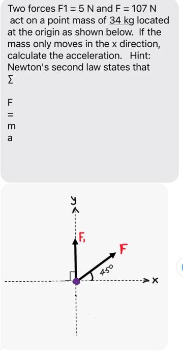 Solved Two forces F1=5 N and F=107 N act on a point mass of | Chegg.com