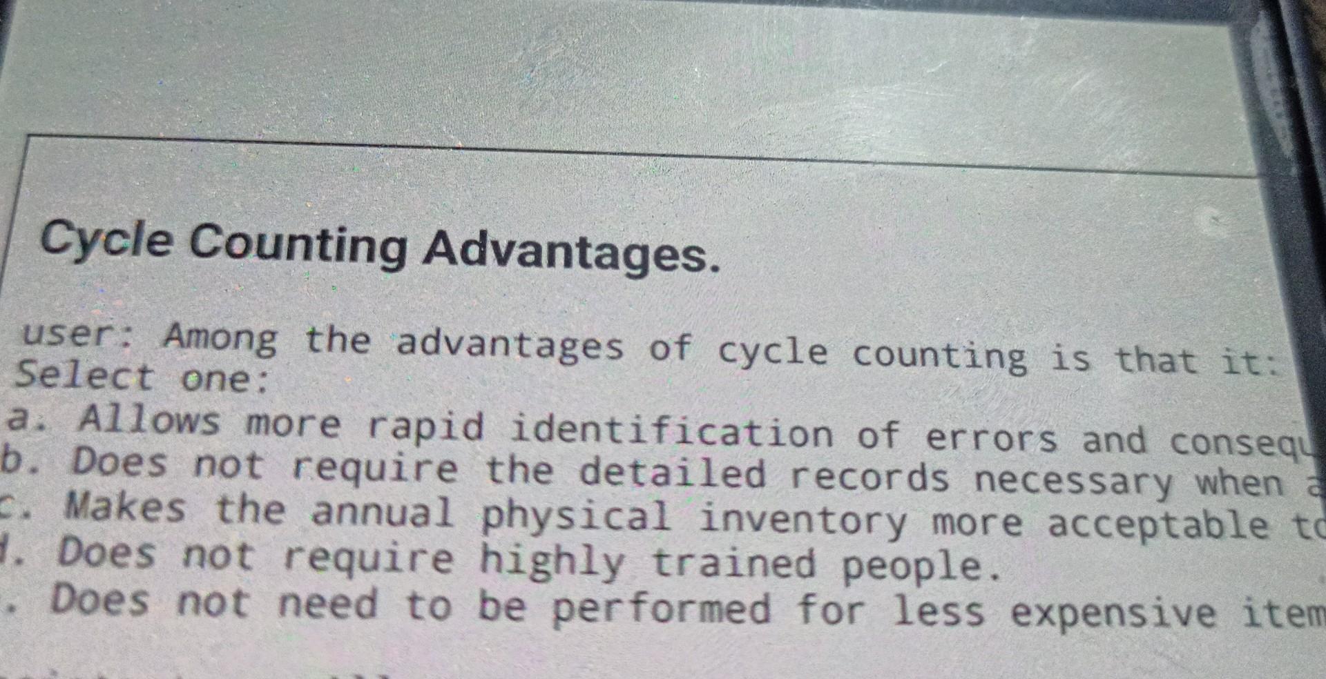 Solved Cycle Counting Advantages. user: Among the advantages | Chegg.com