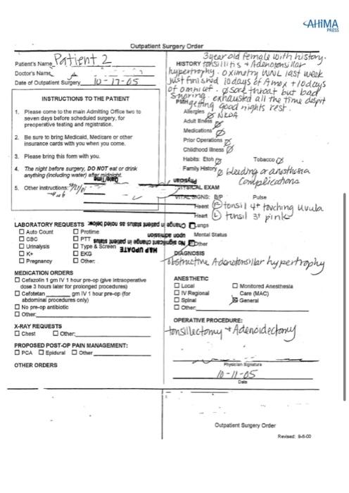 Solved AHIMA Outpatient Surgery Order Pationts name Patient | Chegg.com