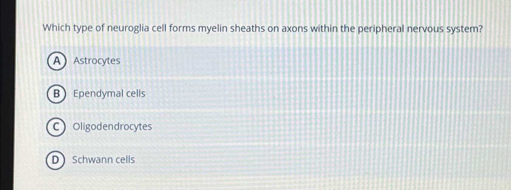 Solved Which type of neuroglia cell forms myelin sheaths on | Chegg.com