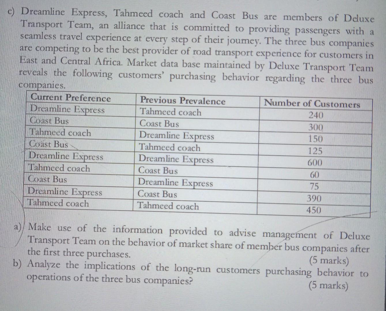 Solved c) Dreamline Express, Tahmeed coach and Coast Bus are | Chegg.com