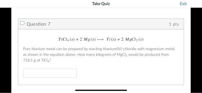 Solved TiCl4(s)+2Mg(s) Ti(s)+2MgCl2(s) Pure titanium metal | Chegg.com