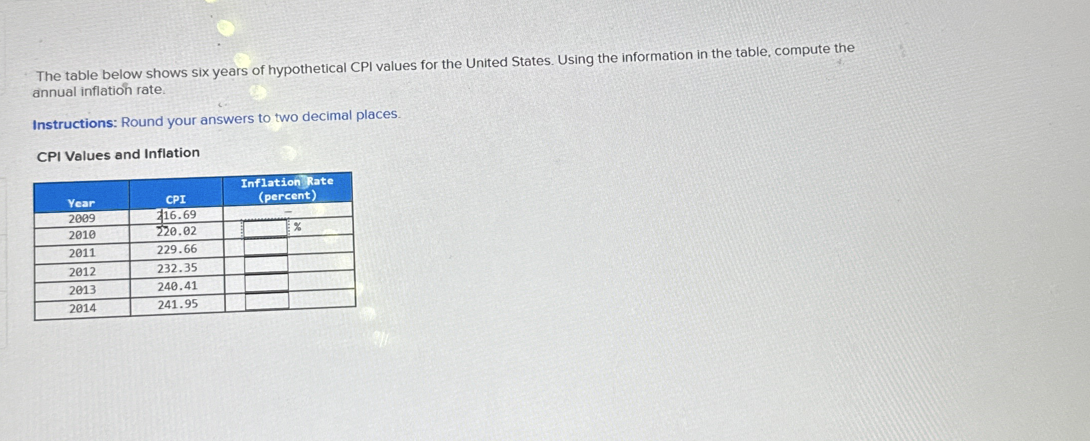 Solved The table below shows six years of hypothetical CPI | Chegg.com