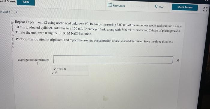 Repeat Experiment #2 using acetic acid unknown #2. | Chegg.com