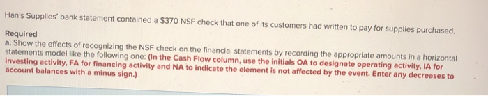 Solved Han's Supplies' bank statement contained a $370 NSF | Chegg.com