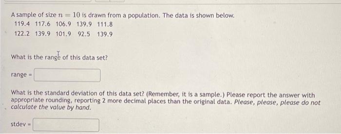 Solved A sample of size n=10 is drawn from a population. The | Chegg.com