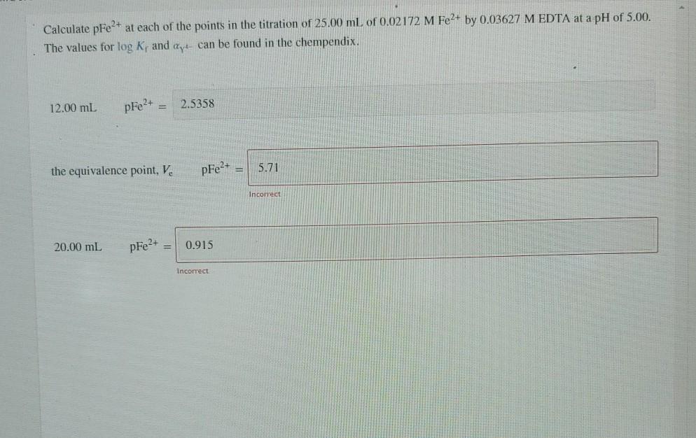 Solved Calculate pFe2+ at each of the points in the | Chegg.com
