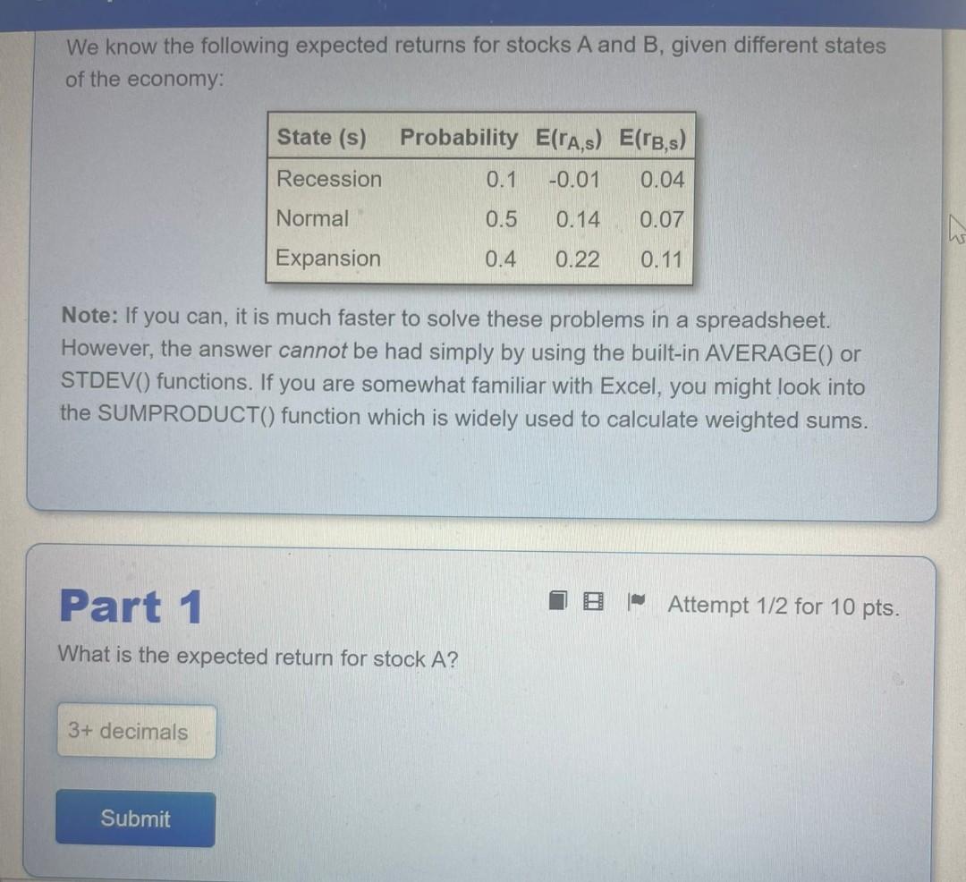 Solved We know the following expected returns for stocks A | Chegg.com