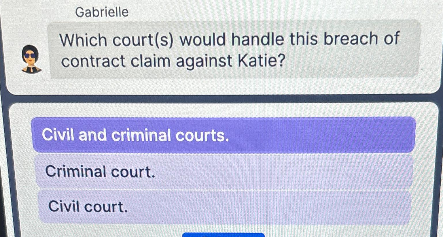 Solved GabrielleWhich court(s) ﻿would handle this breach of | Chegg.com