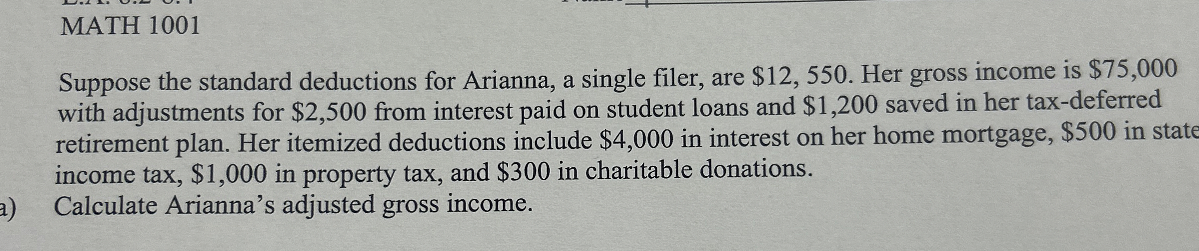 MATH 1001Suppose the standard deductions for Arianna, | Chegg.com