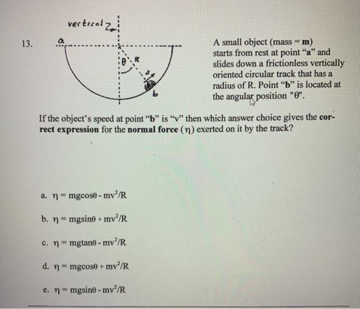 Solved vertical 13. A small object (mass = m) starts from | Chegg.com
