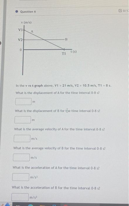 Solved Question 6 v (m/s) V1- V2- 0 A m In the v vs t graph | Chegg.com