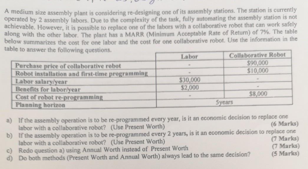 Solved A medium size assembly plant is considering | Chegg.com