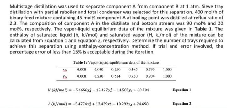 Solved Multistage distillation was used to separate | Chegg.com