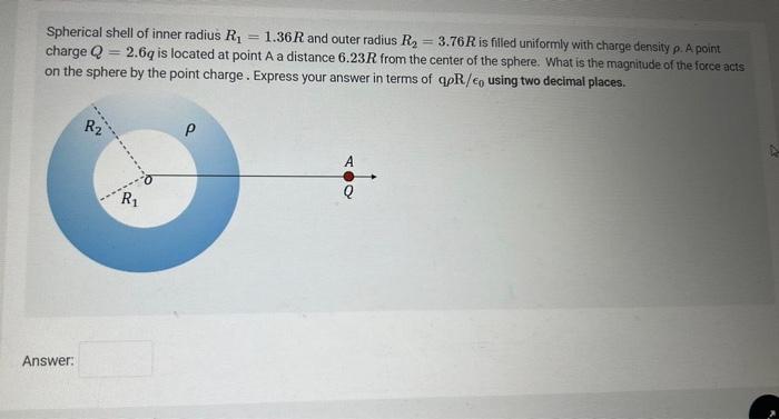 Solved Spherical shell of inner radius R1=1.36R and outer | Chegg.com